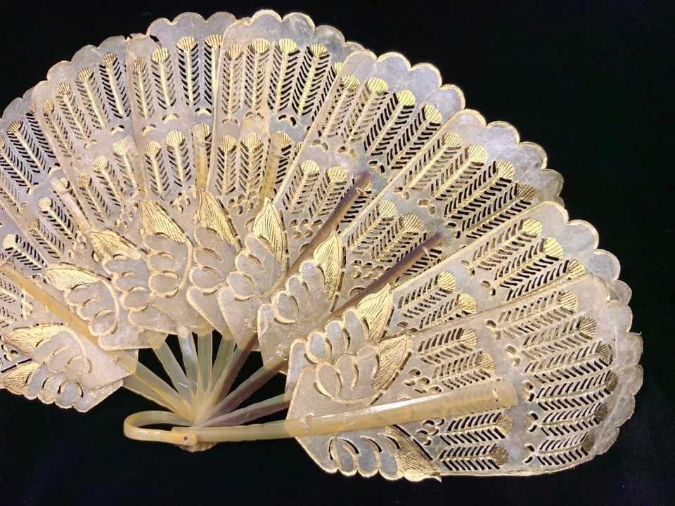 Antique Lady’s Fan Pierced Vellum Gold “Monture” Gilded Gold Dutch ...