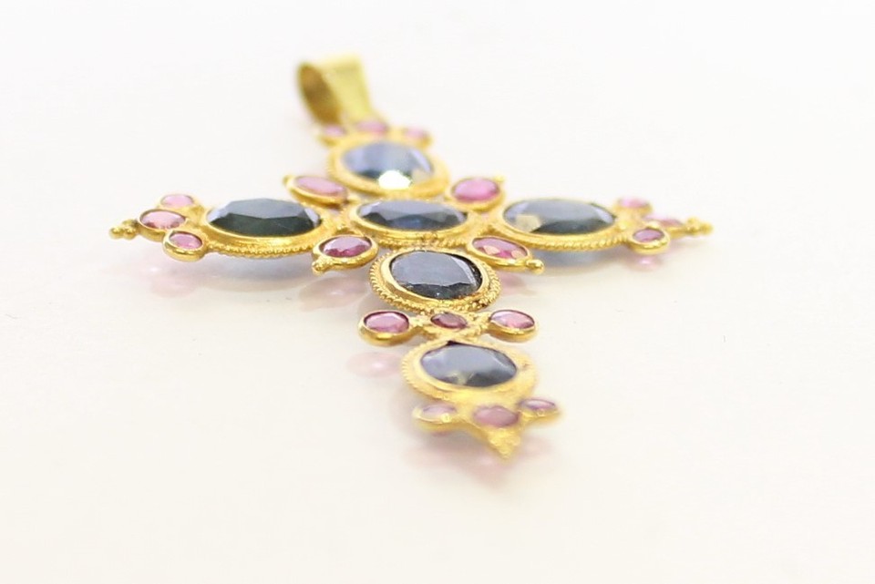 18k Yellow Gold Sapphire and Ruby Cross Charm Necklace Pendant ~ 1.7g ...