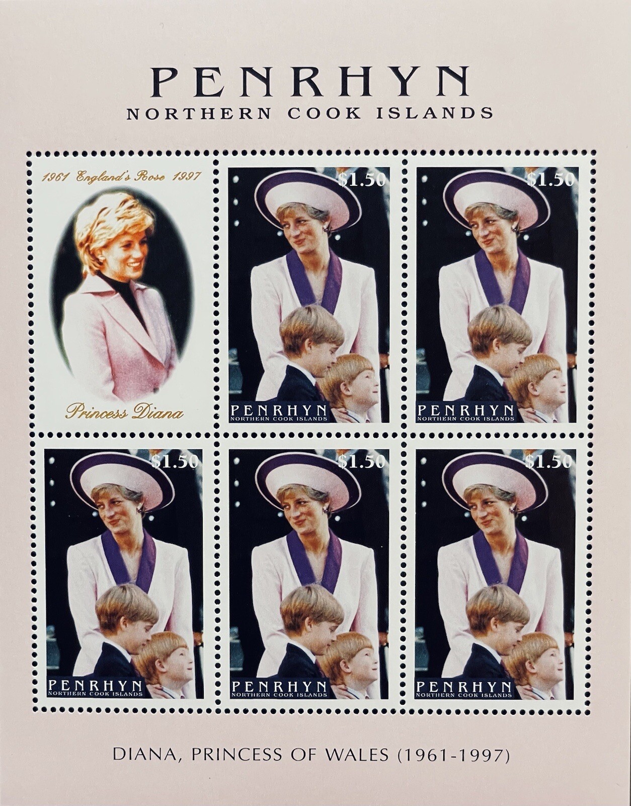 PENRHYN PRINCESS DIANA STAMPS SHEET OF 5 MNH 1997 PRINCE HARRY WILLIAM ...