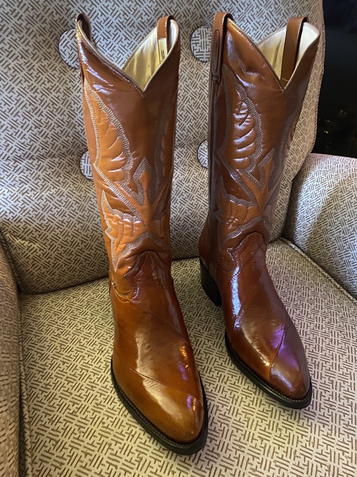 VNTG Handmade Leon Mexico EEL Hand stitched Cowboy Leather Boots NIB Sz ...
