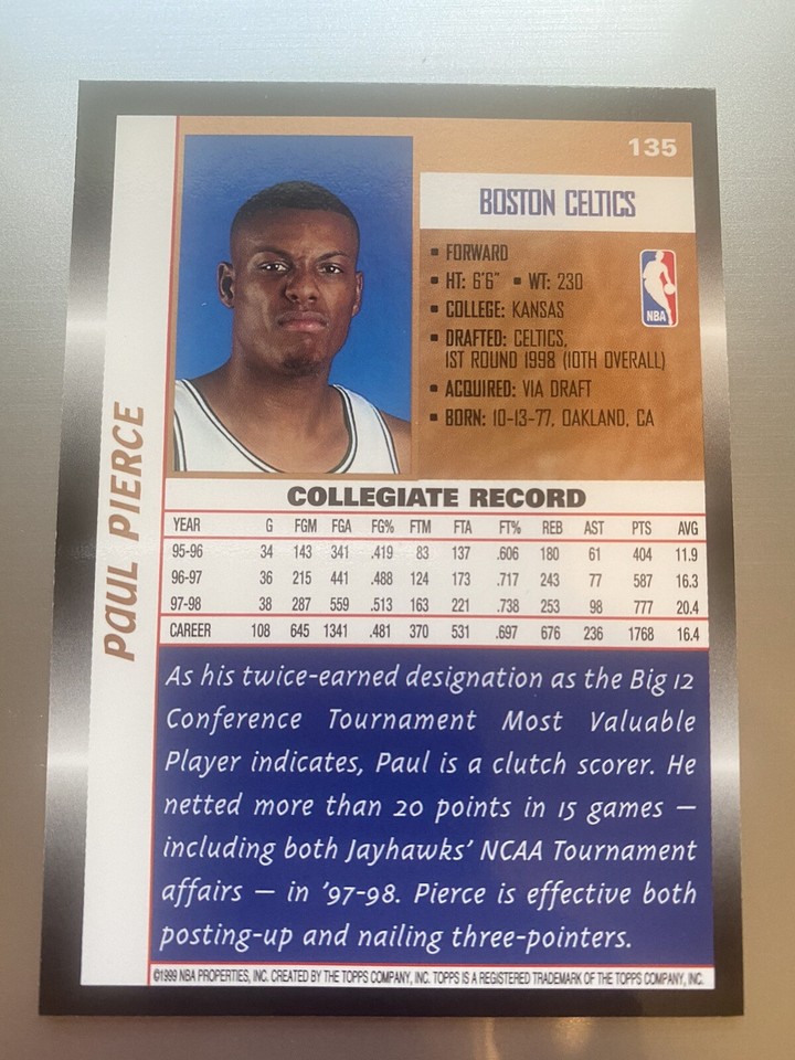 PAUL PIERCE 1998-99 TOPPS BASKETBALL ROOKIE CARD #135 RC CELTICS 🔥📈🔥 | eBay