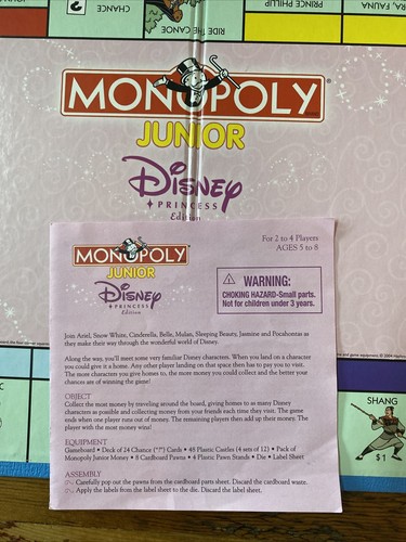 Monopoly Junior Jr Disney Princess Edition Parker Brothers Ages 5 to 8 ...