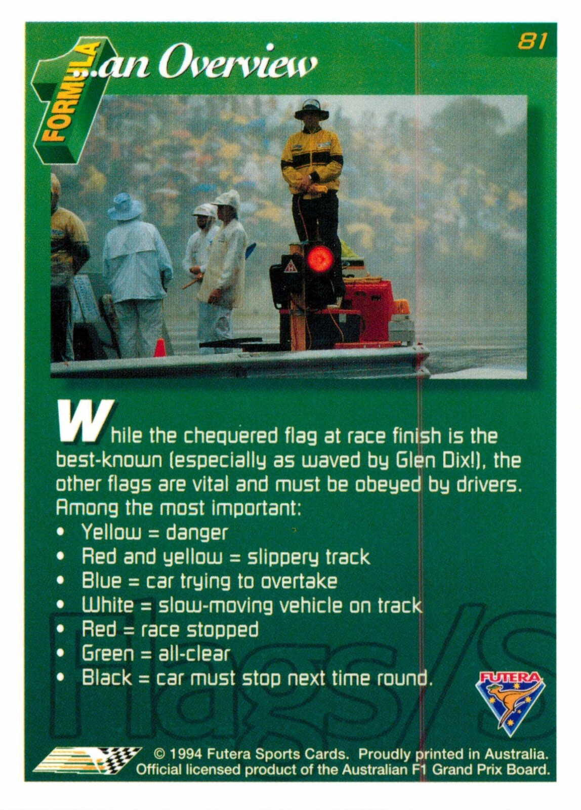 1994 AUSTRALIAN GRAND PRIX Formula 1 Card CARS: FLAGS/SIGNALS Futera ...