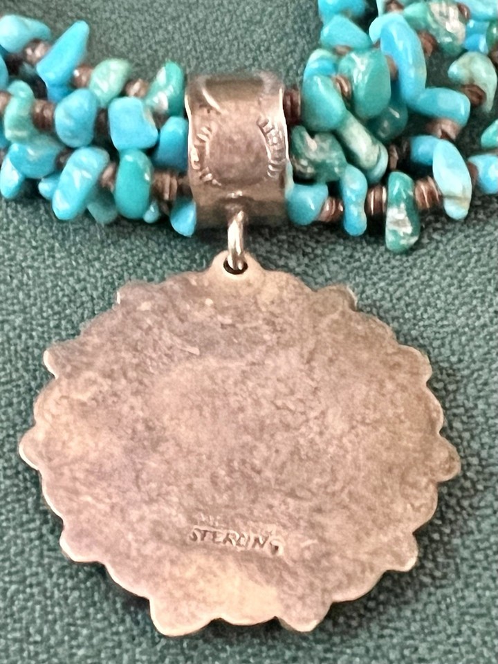 NAVAJO NATIVE AM. TURQUOISE NECKLACE W/ STERLING PENDANT TIPS SIGNED M ...