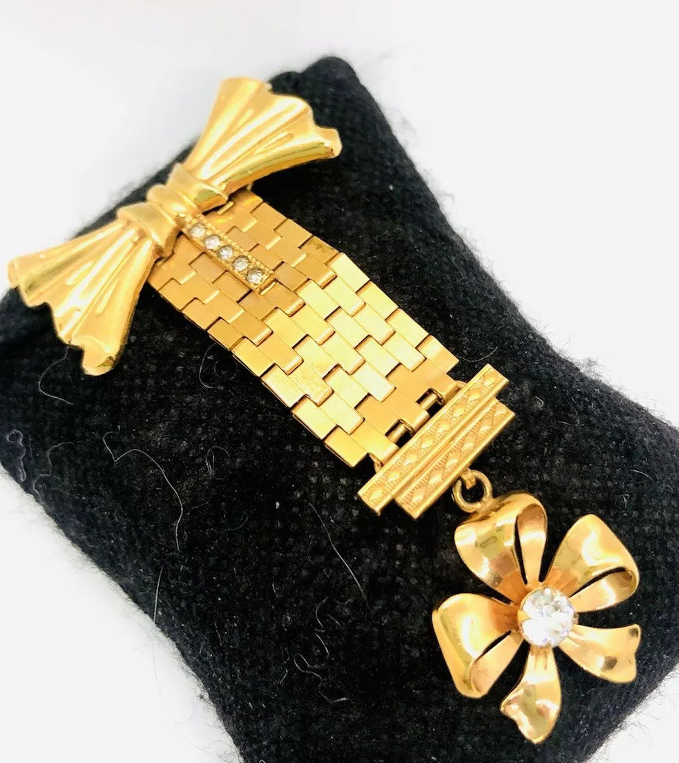 Long Gold Filled Mesh Watch Pin Brooch Dangling Heart… - Gem