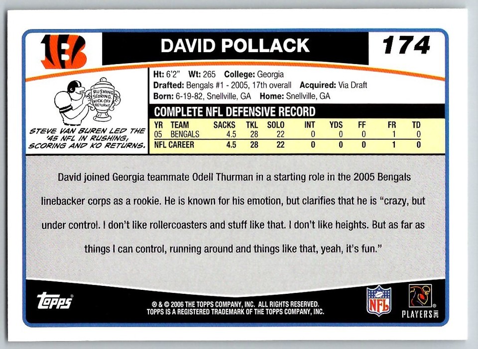 2006 TOPPS DAVID POLLACK CINCINNATI BENGALS #174 | eBay