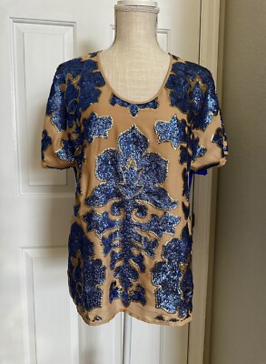 Neiman Marcus Tracy Reese New York Women Sequin Blouse Blue Tan Sz M ...