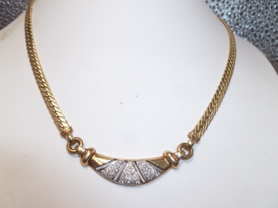 Vintage 14K Yellow Gold Pave Set Diamonds Necklace Herringbone Chain ...