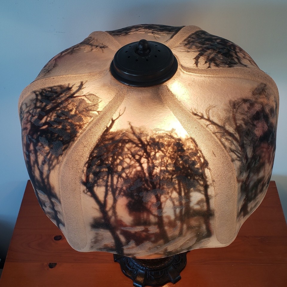 HUGE Pittsburgh Reverse Painted Winter Scene Lamp - Handel Pairpoint ...
