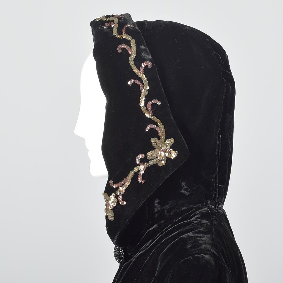 1940s Sequin Hood Black Velvet Loose Autumn Winter Swing Coat Hooded ...
