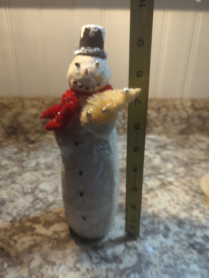 Vintage mica covered snowman w/chenille pipe cleaner scarf bottle brush ...
