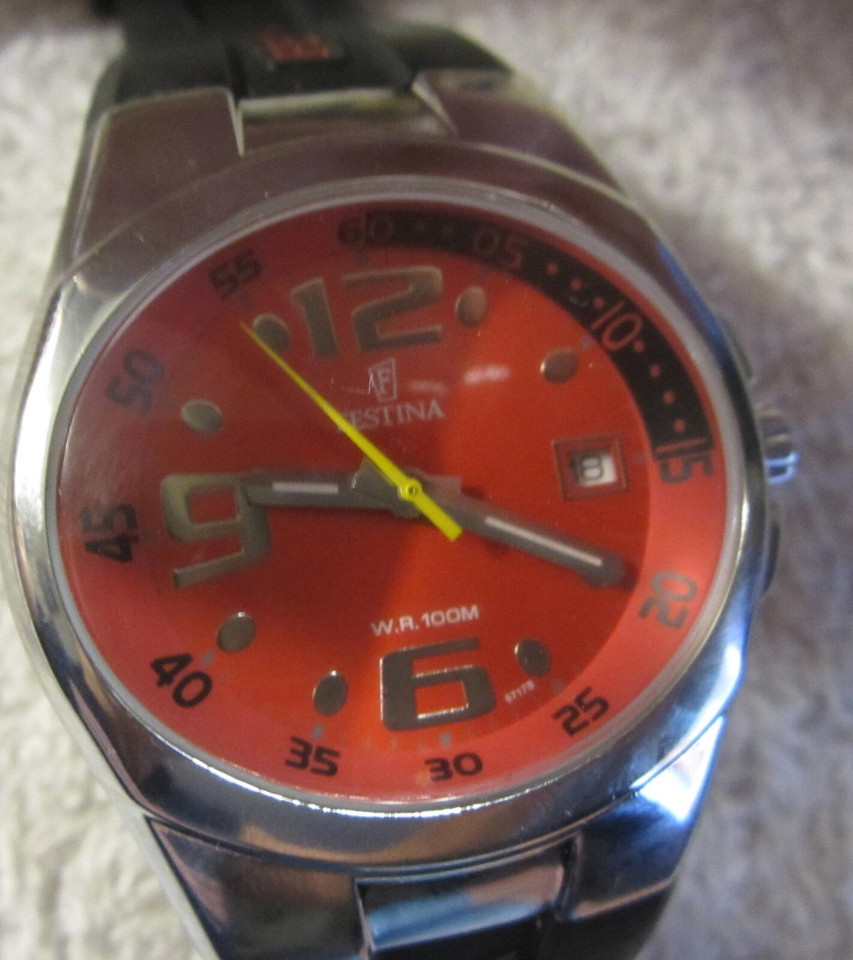 6717 FESTINA RED Dial Men's Watch w Date WR 100M Needs BATTERY,New NOS ...