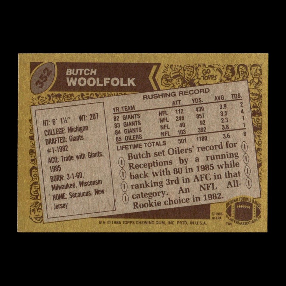 Butch Woolfolk 1986 Topps Houston Oilers #352 Great Set! | eBay