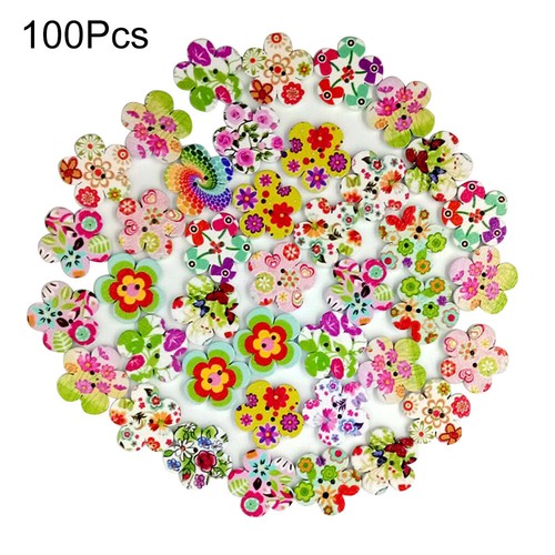 100 Pcs Wooden Cute Flower 2 Holes Buttons Sewing Scrapbooking DIY ...