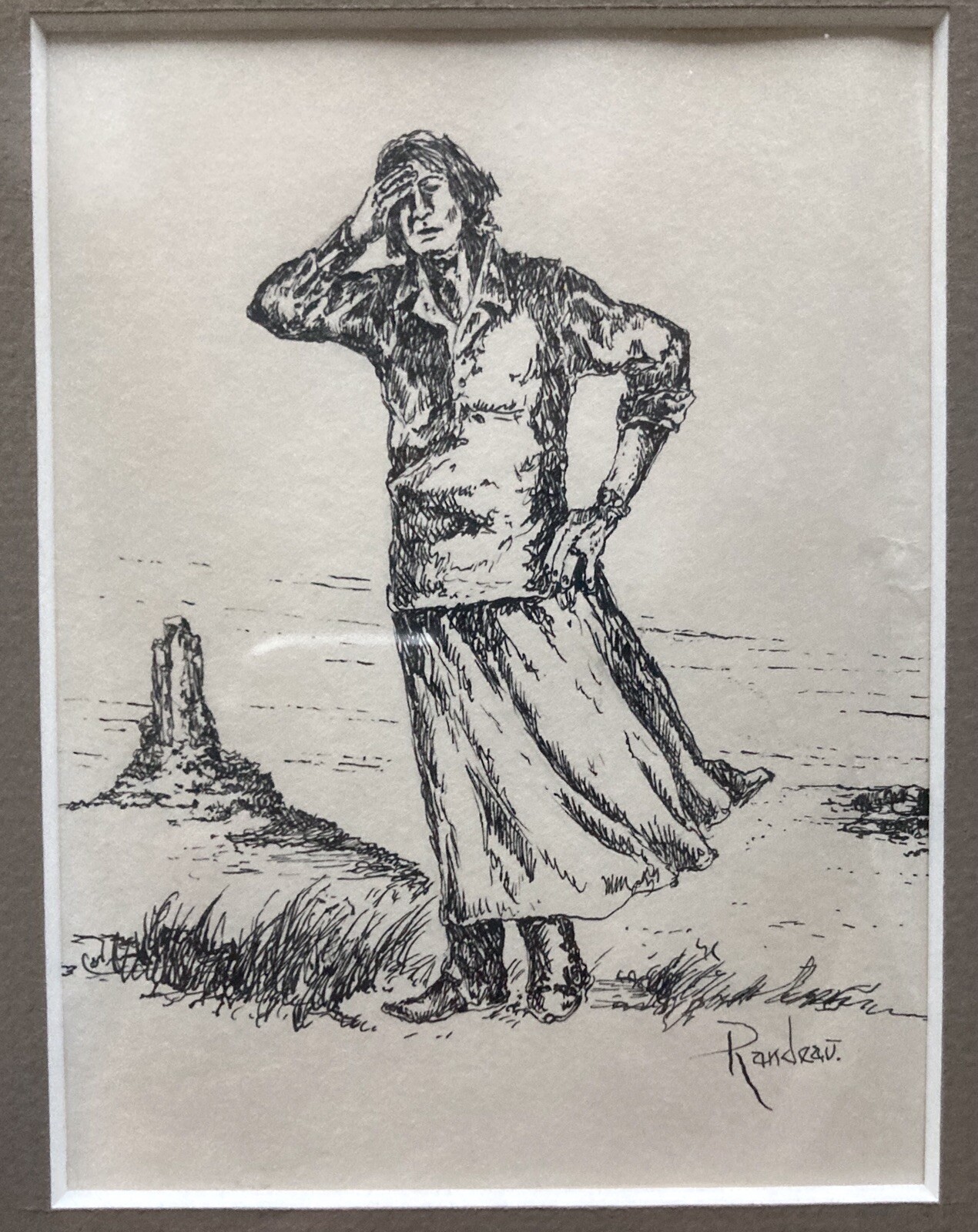 Vintage Randeau Pen & Ink Drawing - "Navajo Woman At Monument V ...
