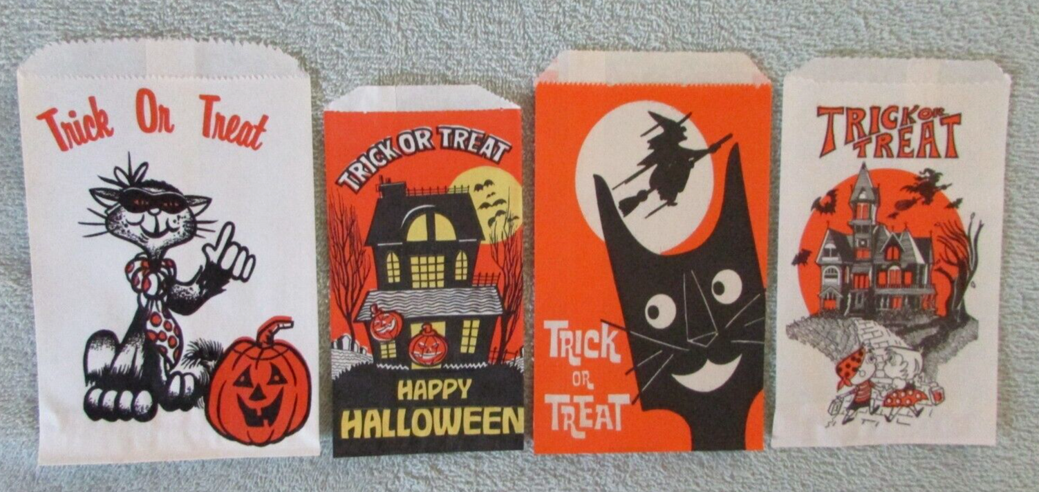 4 Vintage Halloween Paper Trick or Treat Candy Bag Lot Haunted House ...