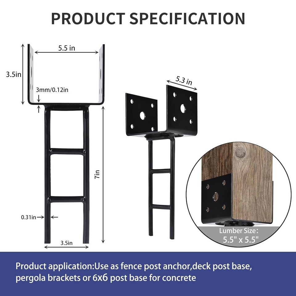 4 Pack U Shape Post Anchor 6x6" Post Base Concrete Galvanized Black ...