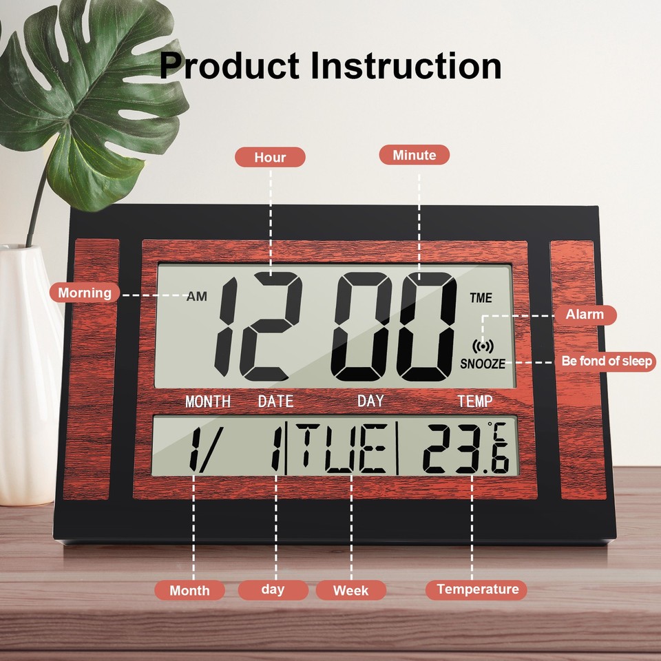 Digital Wall Clock LCD Number Time Temperature Calendar Alarm Table ...