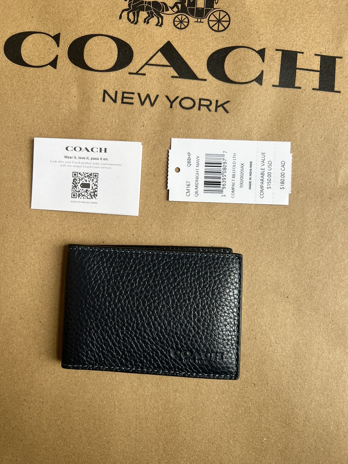 Coach CM167 Midnight Navy Blue Pebbled Leather Compact Bifold Wallet ...