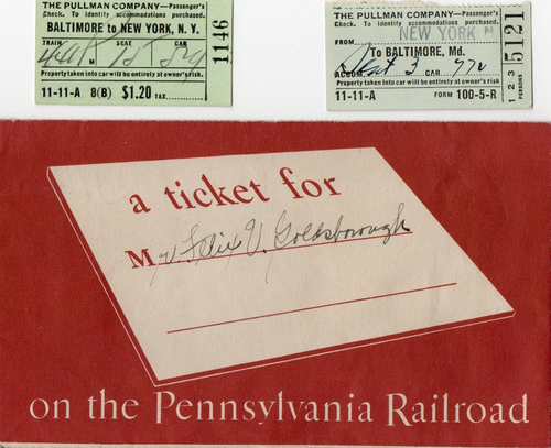 Pennsylvania Railroad Baltimore to New York Dec 19 1943 Tickets Pullman ...