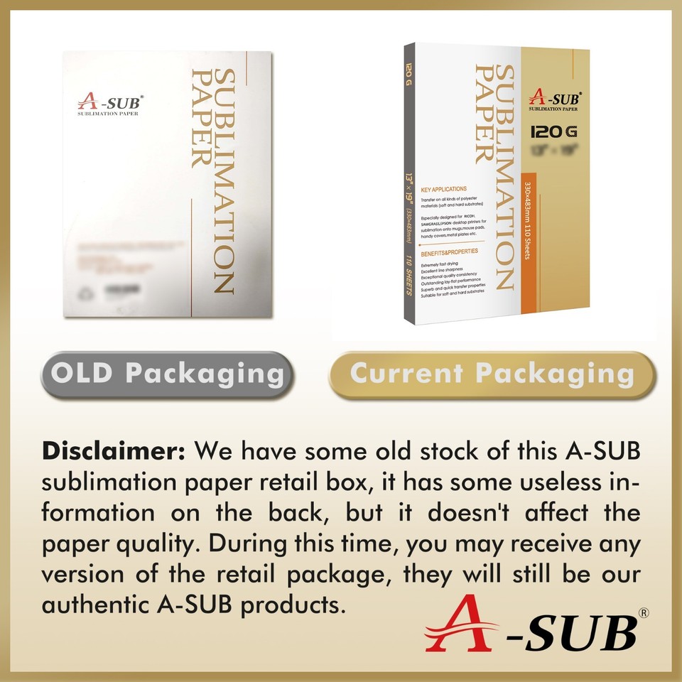 A-SUB Sublimation Heat Transfer Paper 13x19 120g 110 Sheets A3+ Inkjet ...
