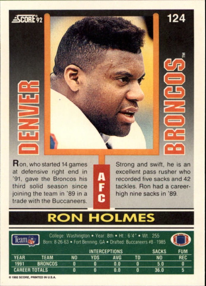 1992 Score Football Card #124 Ron Holmes | eBay