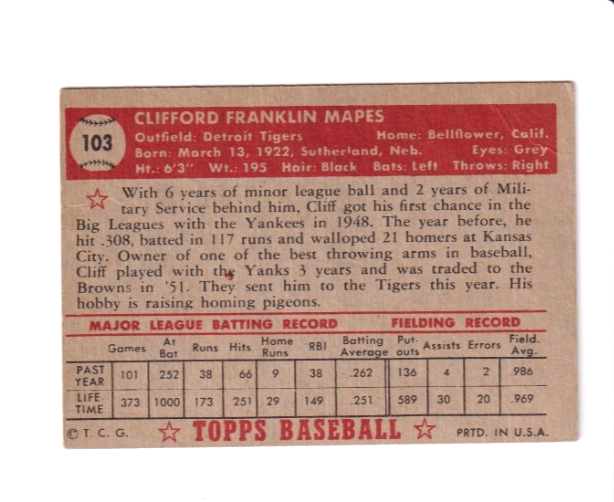 1952 Topps Baseball Card #103 Cliff Mapes YANKEE draftee Nice see scan ...