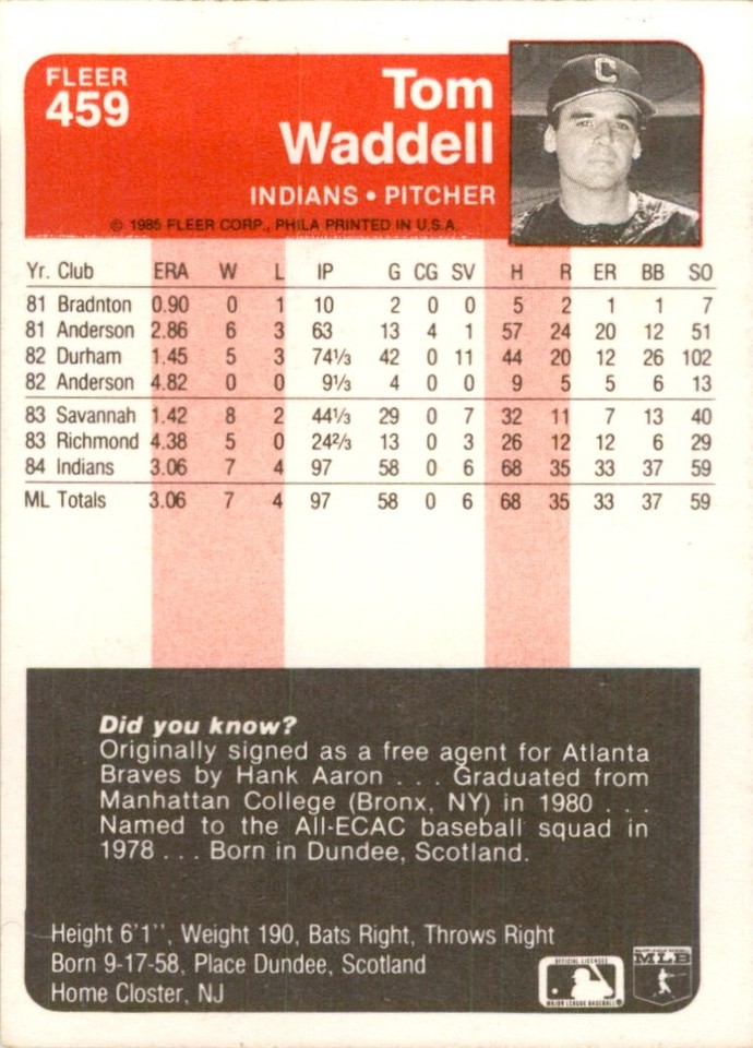 1985 Fleer Tom Waddell Rookie . Cleveland Indians #459 | eBay