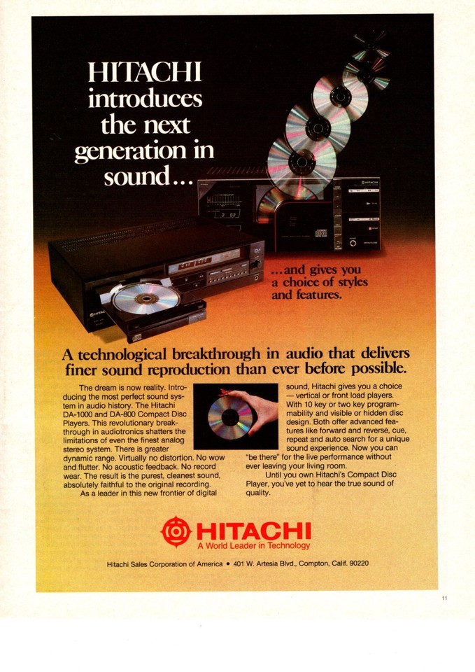 1983 HITACHI COMPACT DISC PLAYER PRINT AD, AUDIO, STEREO ELECTRONIC ...