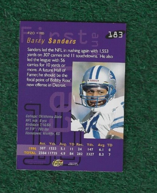BARRY SANDERS - NFL HOF - 1997 PLAYOFF FIRST & TEN BASE CARD # 183 ...