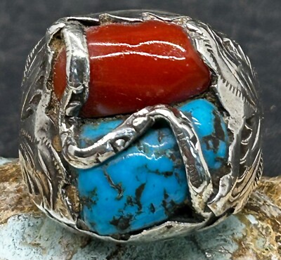 Rare Large Early Zuni Dan Simplicio Sterling Turquoise Coral Snake Ring ...