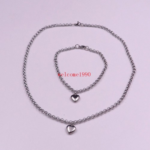 Girls Women Stainless Steel Lover Heart Pendant Necklace+bracelet Rolo ...