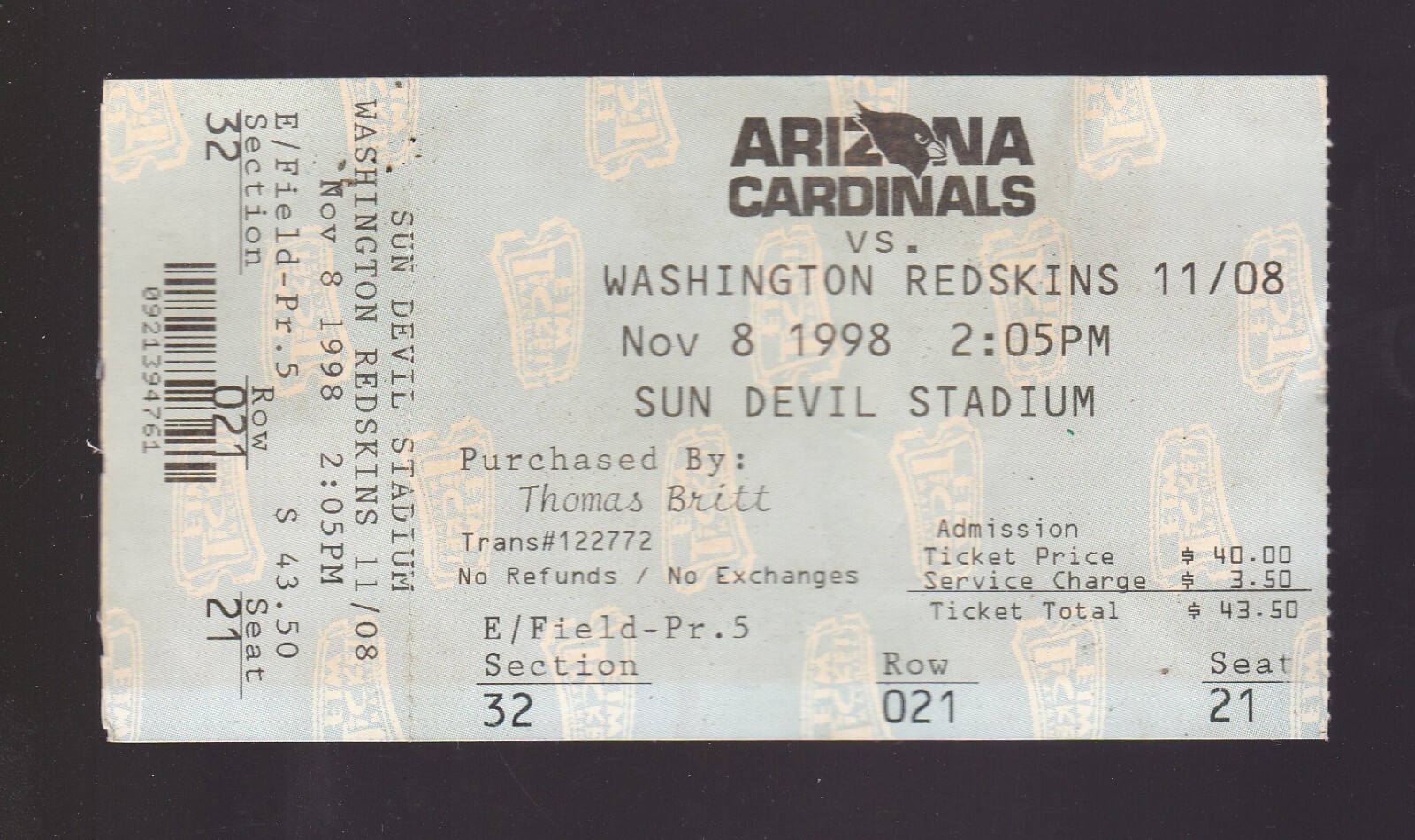 Arizona Cardinals vs Washington Redskins November 8, 1998 Vintage ...