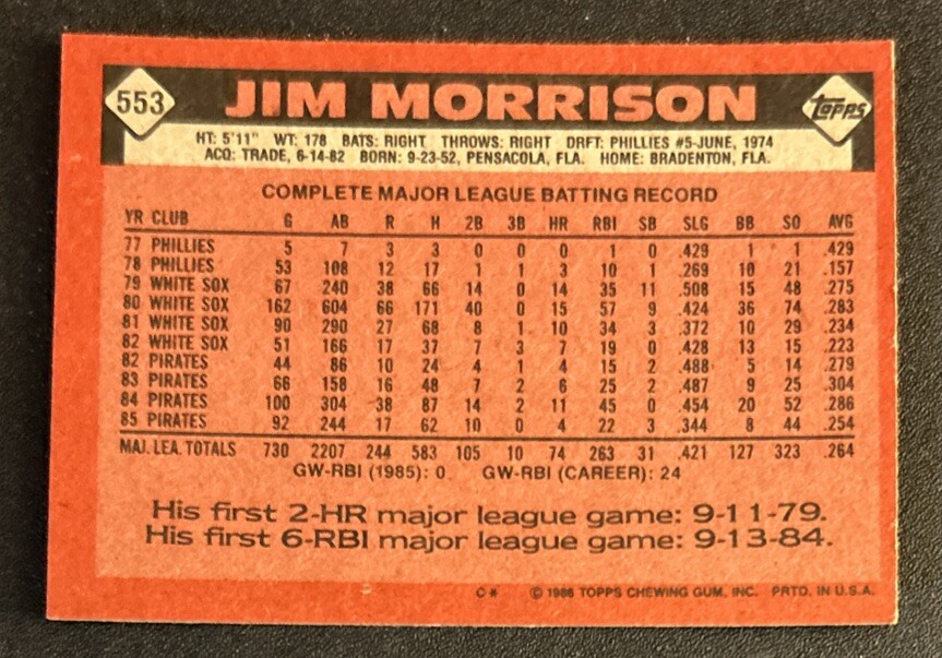 1986 Topps Jim Morrison Baseball Card #553 Pirates 3B-2B VG O/C | eBay