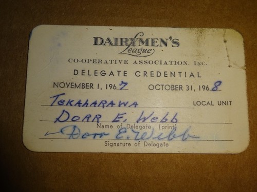 1967 Dairymens League Cooperative Association Delegate Credential card ...