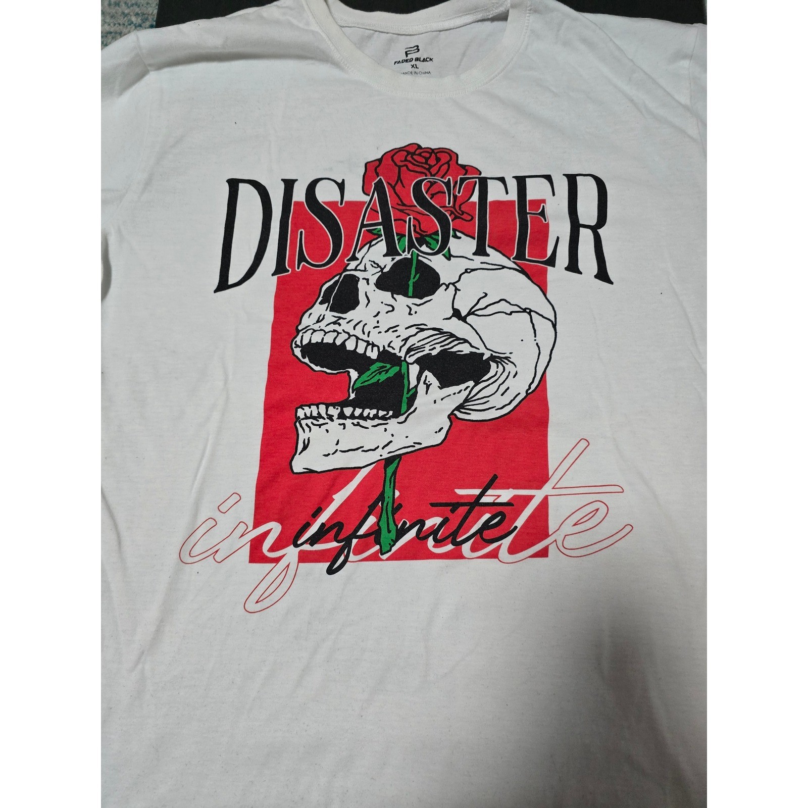 Faded Black XL T Shirt White Skull Rose Disaster Infinite Graphic Top ...