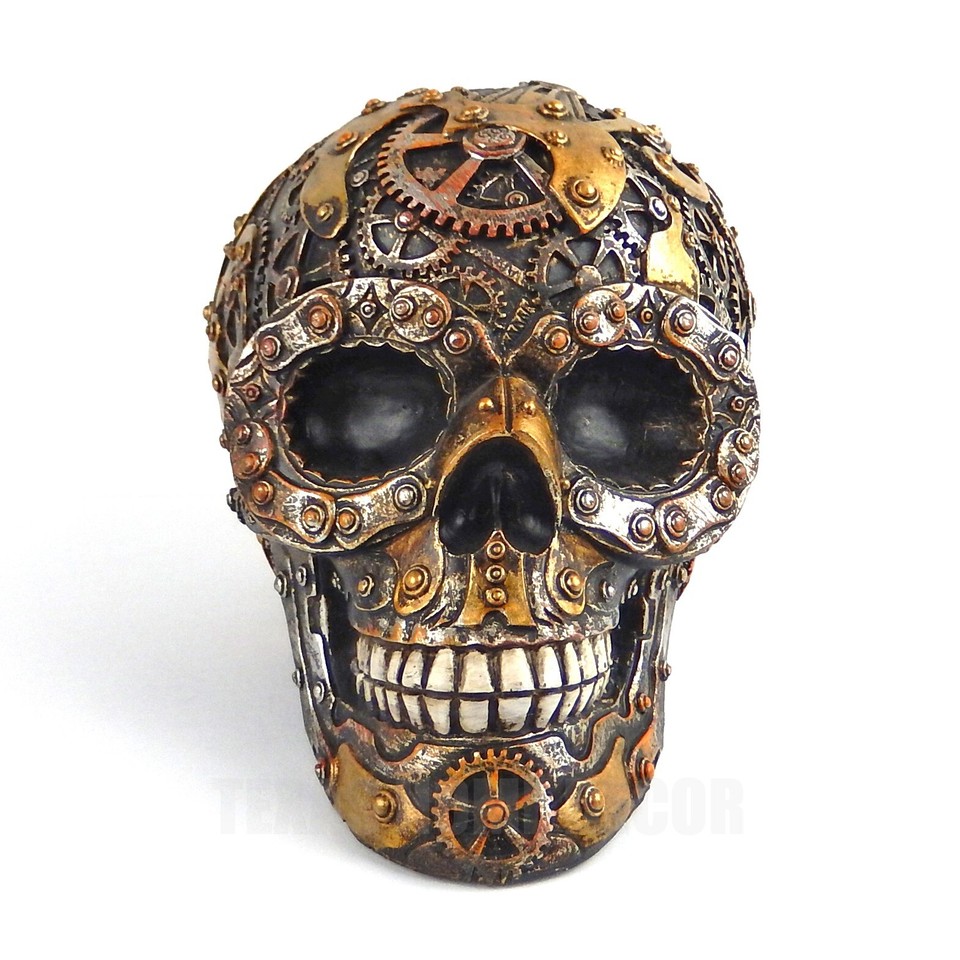 Steampunk Gearhead Human Skull Figurine Statue Cyborg Clockwork ...
