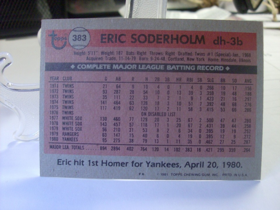 1981 Topps Baseball #383 - Eric Soderholm DP - New York Yankees 81-490 ...