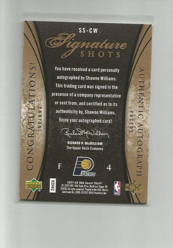 2007-08 Sweet Shot Signature Shots Black Ink #CW Shawne Williams 127/ ...