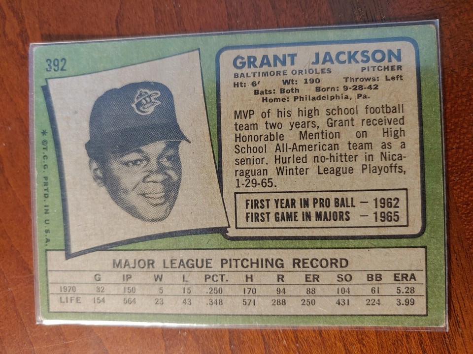 1971 Topps Grant Jackson #392 Baltimore Orioles Baseball | eBay