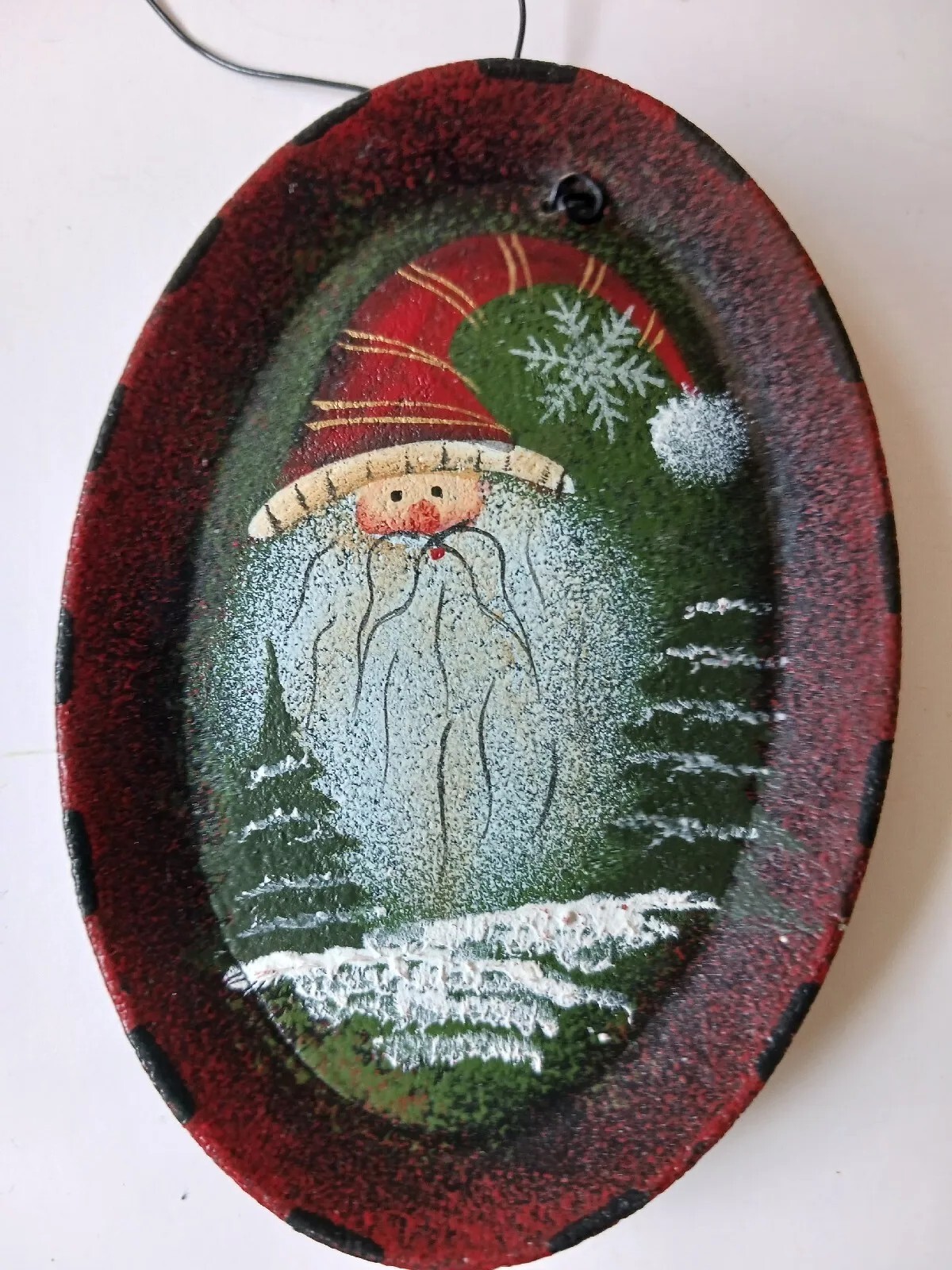 Handpainted Oval Metal Santa Ornament Rustic Primitive Look | eBay