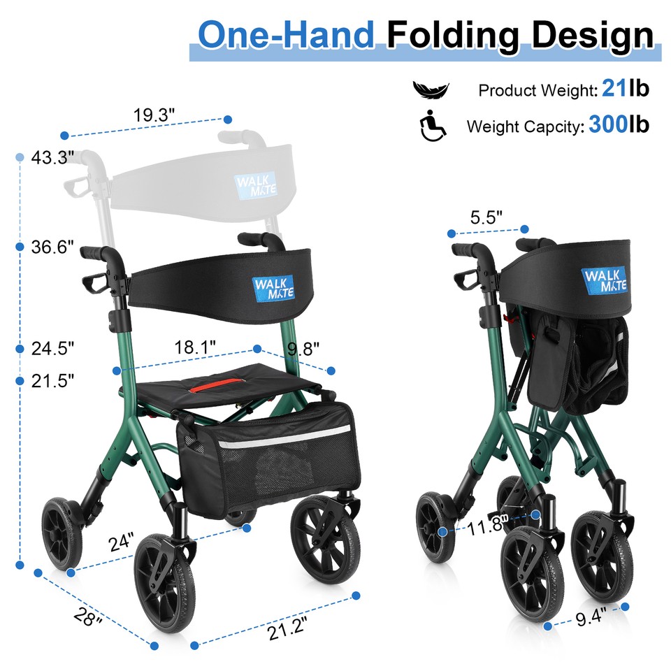 Walk Mate Rollator Pro Walker for Seniors Taller 5~7ft W/ Height ...
