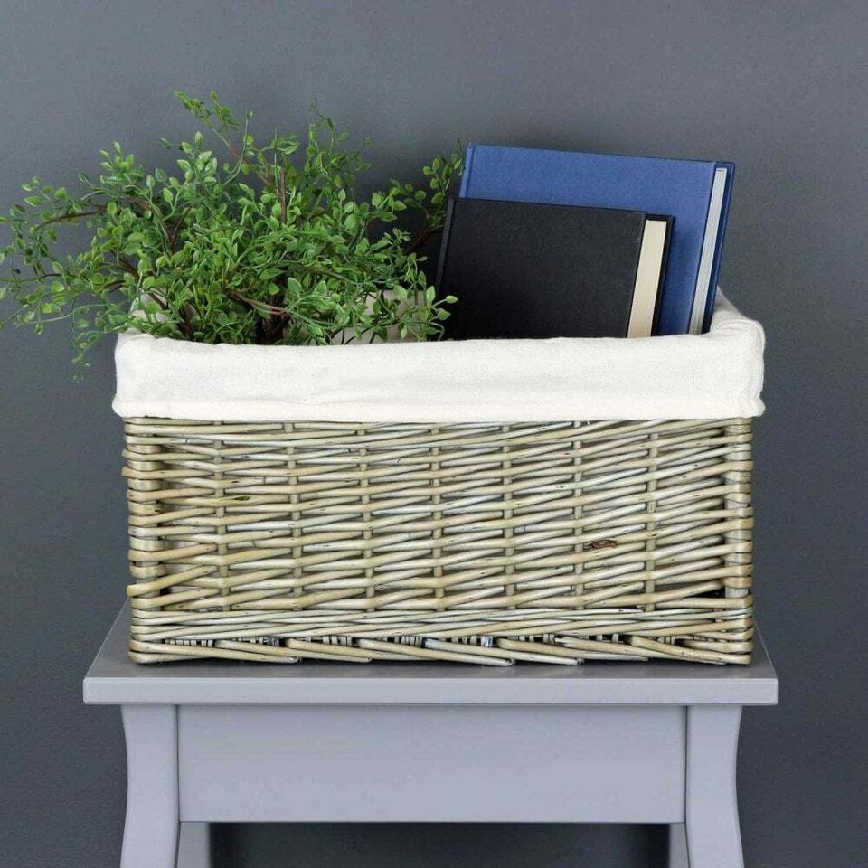 Grey Wicker Lined Storage Basket Rectangular Woven Willow Home Décor ...