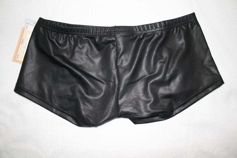 SKINZ*M61 SKINZWEAR*MENS LOW SQUARE CUT SWIM TRUNKS*LEATHER LOOK BLACK ...
