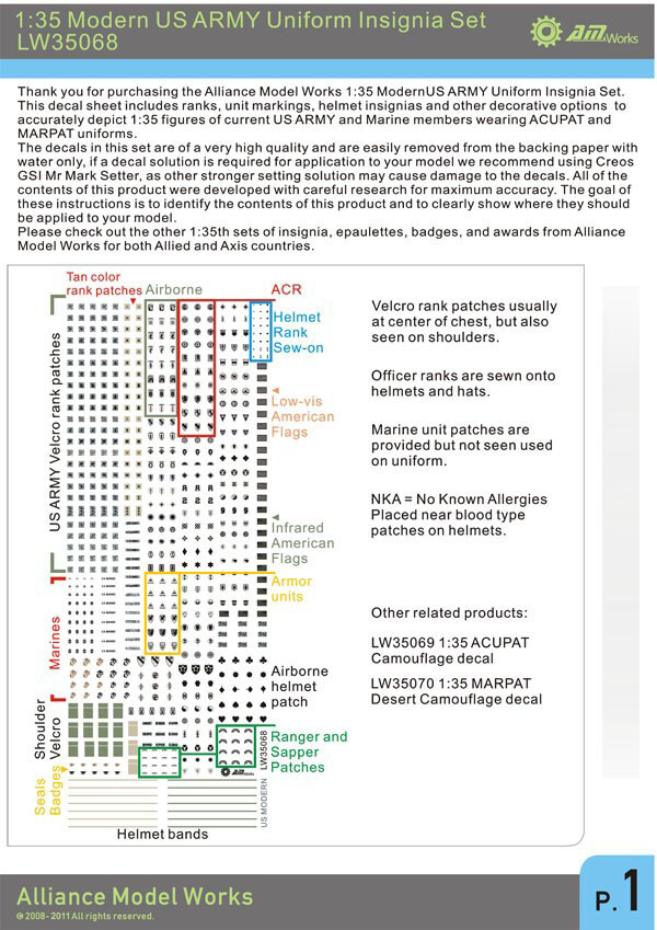 1/35 Modern US ARMY Uniform Insignia Set ACUPAT&MARPAT Military Decal ...