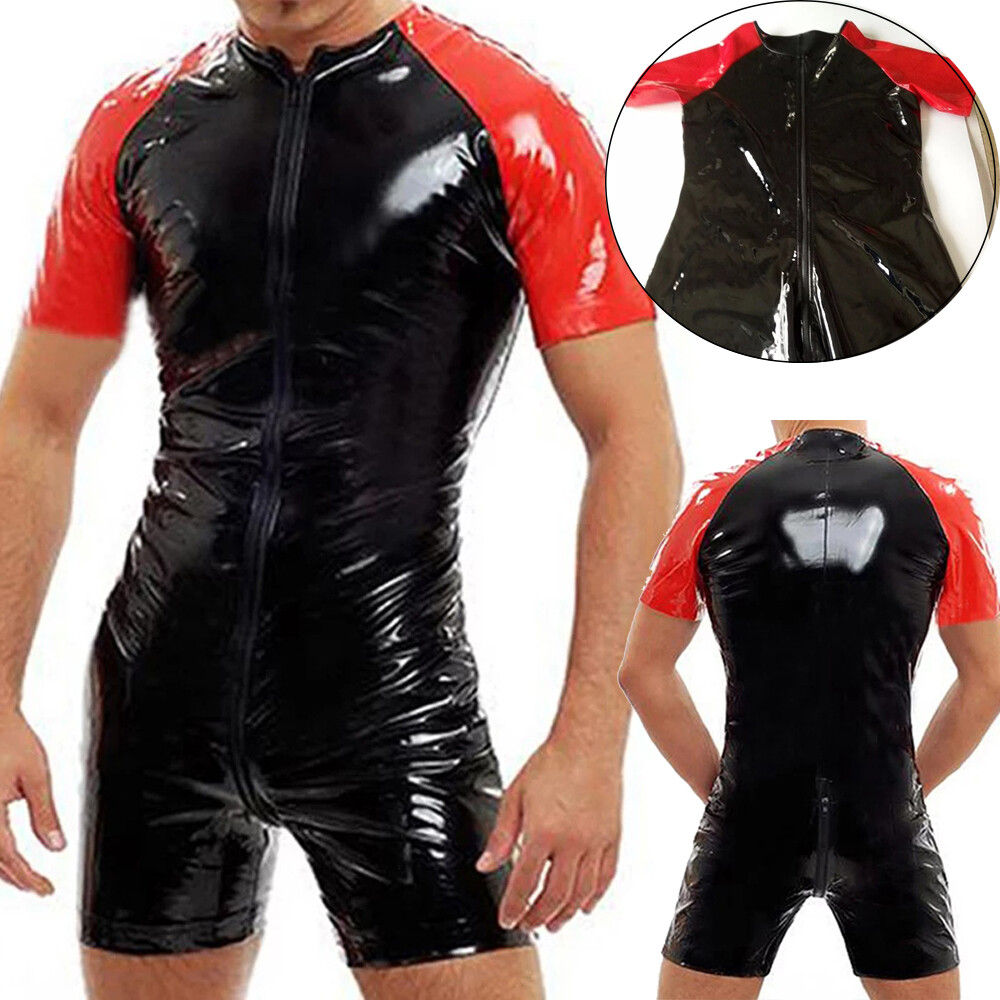 Mens Shiny PVC Leather Rompers Short Sleeve Latex Jumpsuit Zipper ...