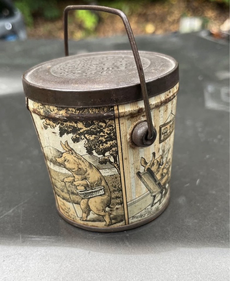 Antique Lovell & Covel hard candy 3 little pigs litho bucket tin pail ...