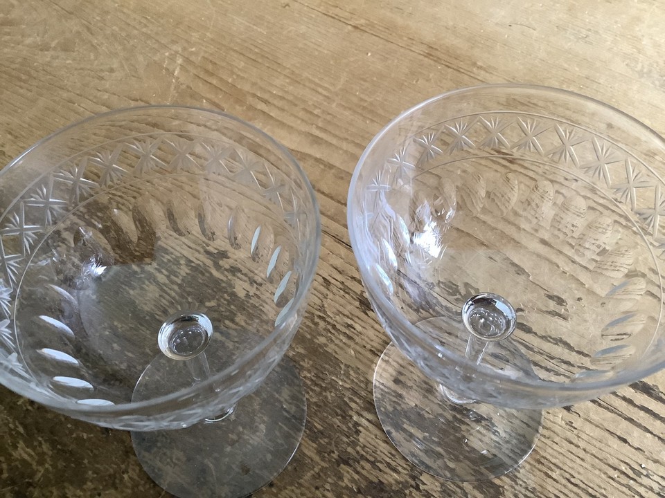 2 Antique Victorian Cross Hatch Band Petal Cut Bowl Cocktail Glasses ...