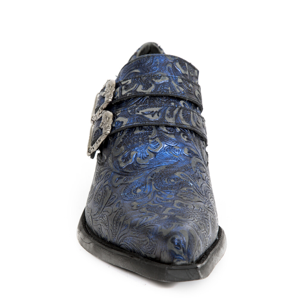 NEW ROCK 7960-S7 Shoe EMBOSSED VINTAGE Blue Leather Buckle Steel Heel ...