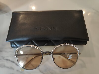 Chanel gold metal wire frame pearl embellished Pantos round eyeglasses ...